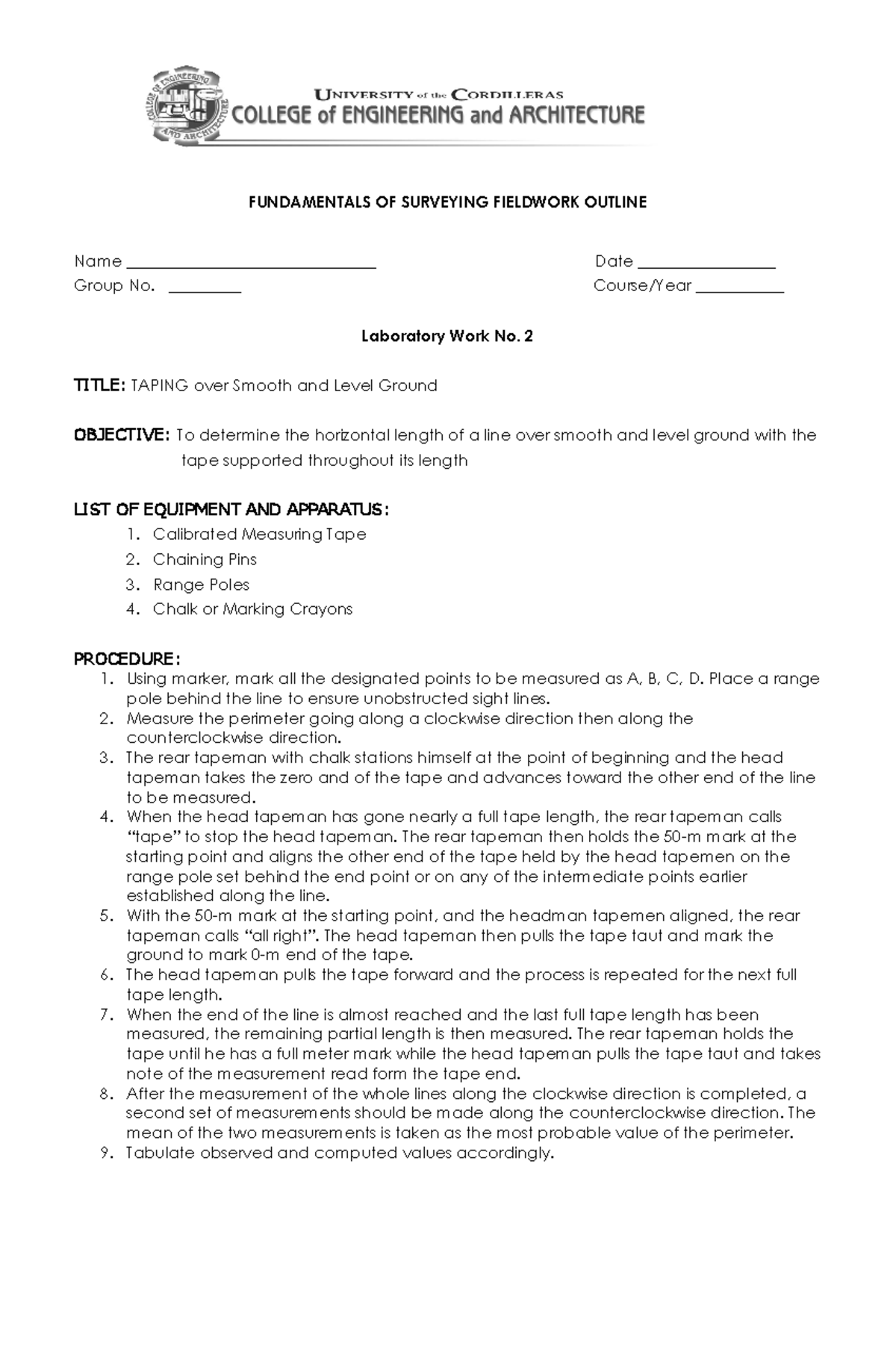 LAB Exercise 2: Taping Method on Smooth and Level Ground - Studocu