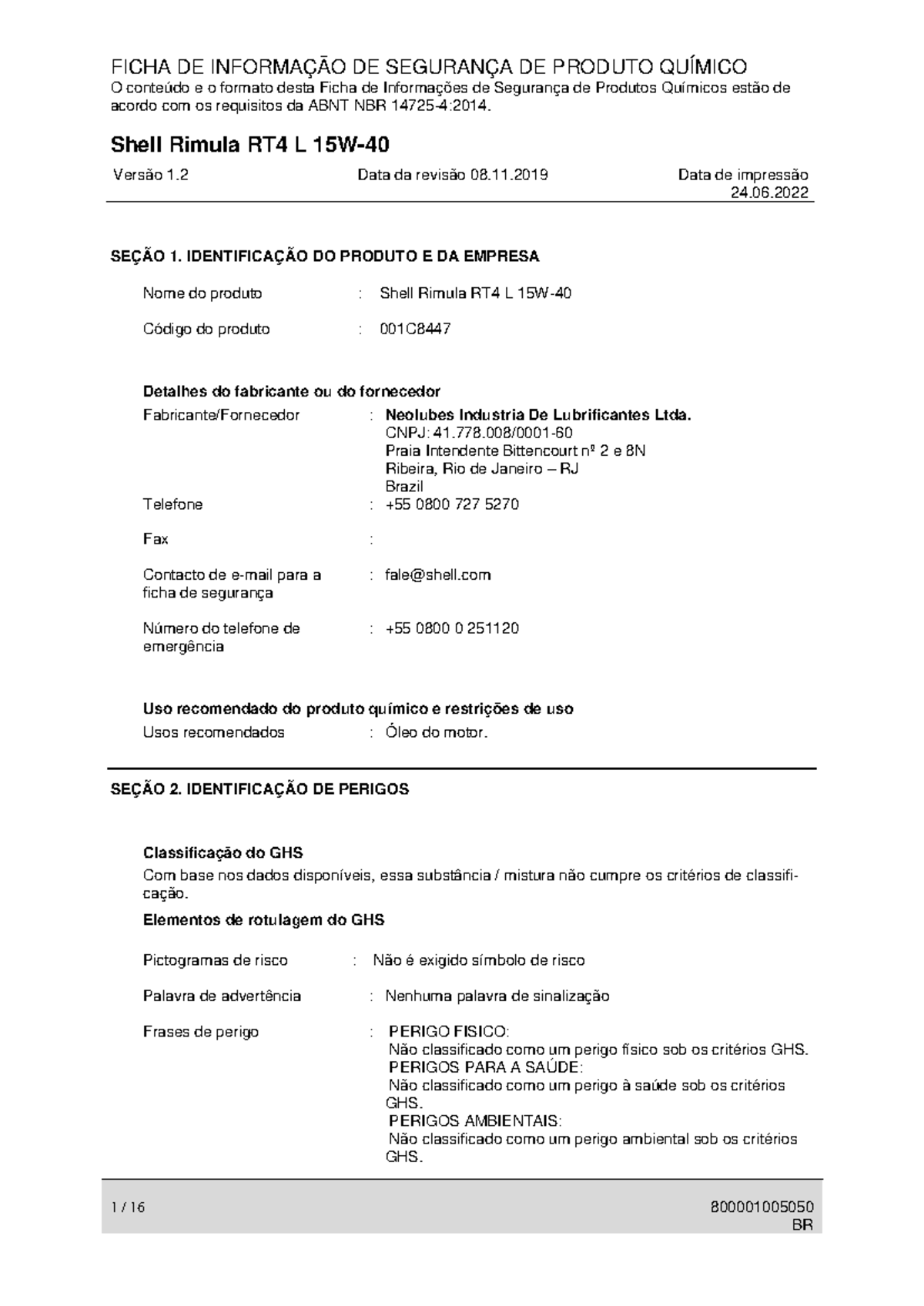 Ficha de Segurança do Produto Químico: Shell Rimula RT4 L - MSDS ...