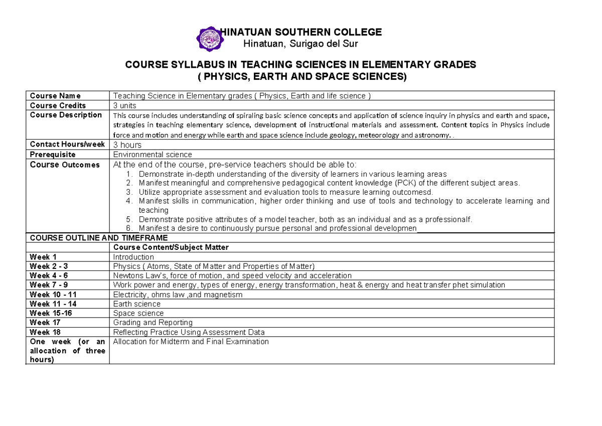 Syllabus for Teaching Science in Elem. Grades (PHYSICS, EARTH, SPACE) - Studocu