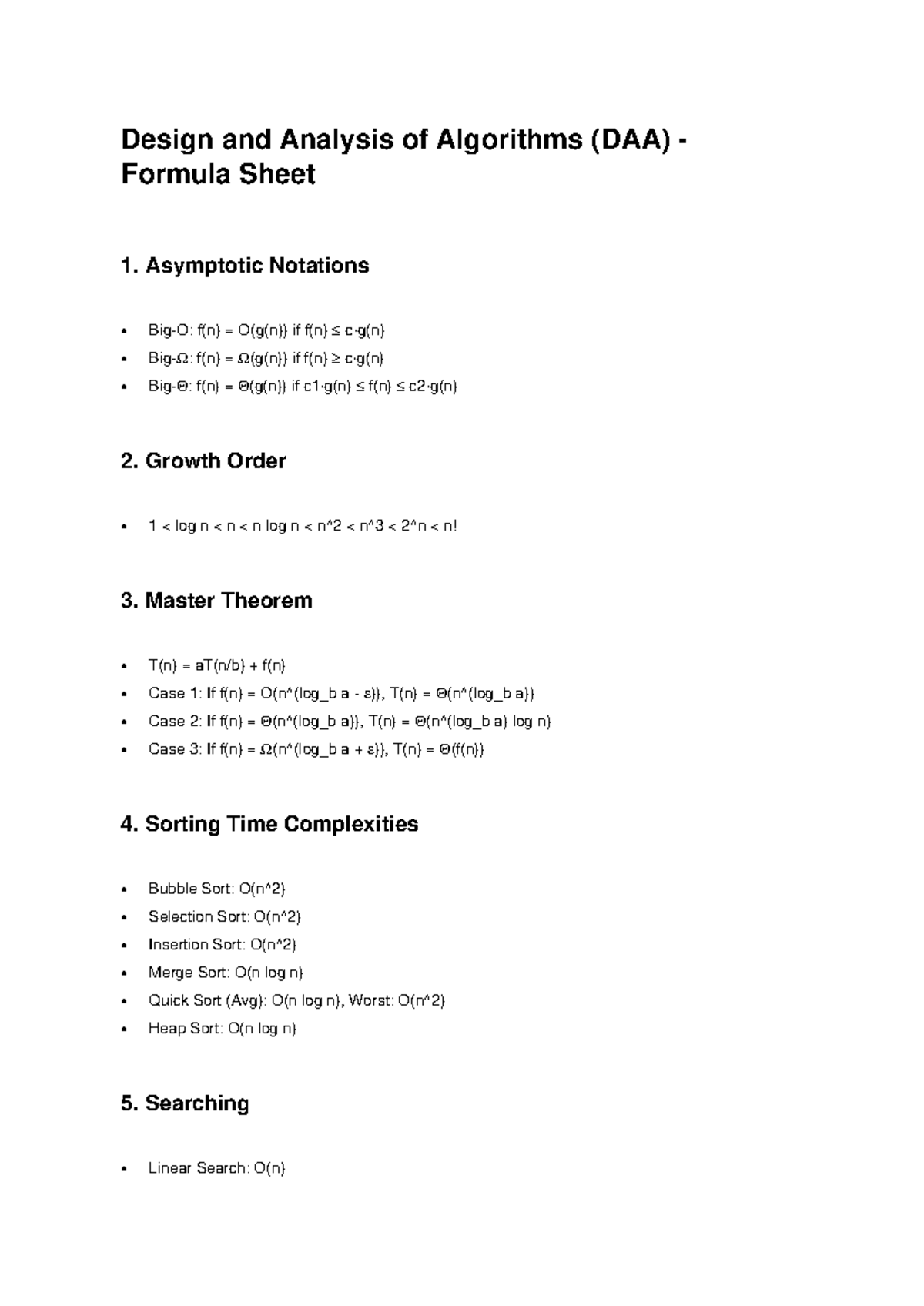 DAA Formula Sheet: Key Concepts & Notations for Algorithms - Studocu