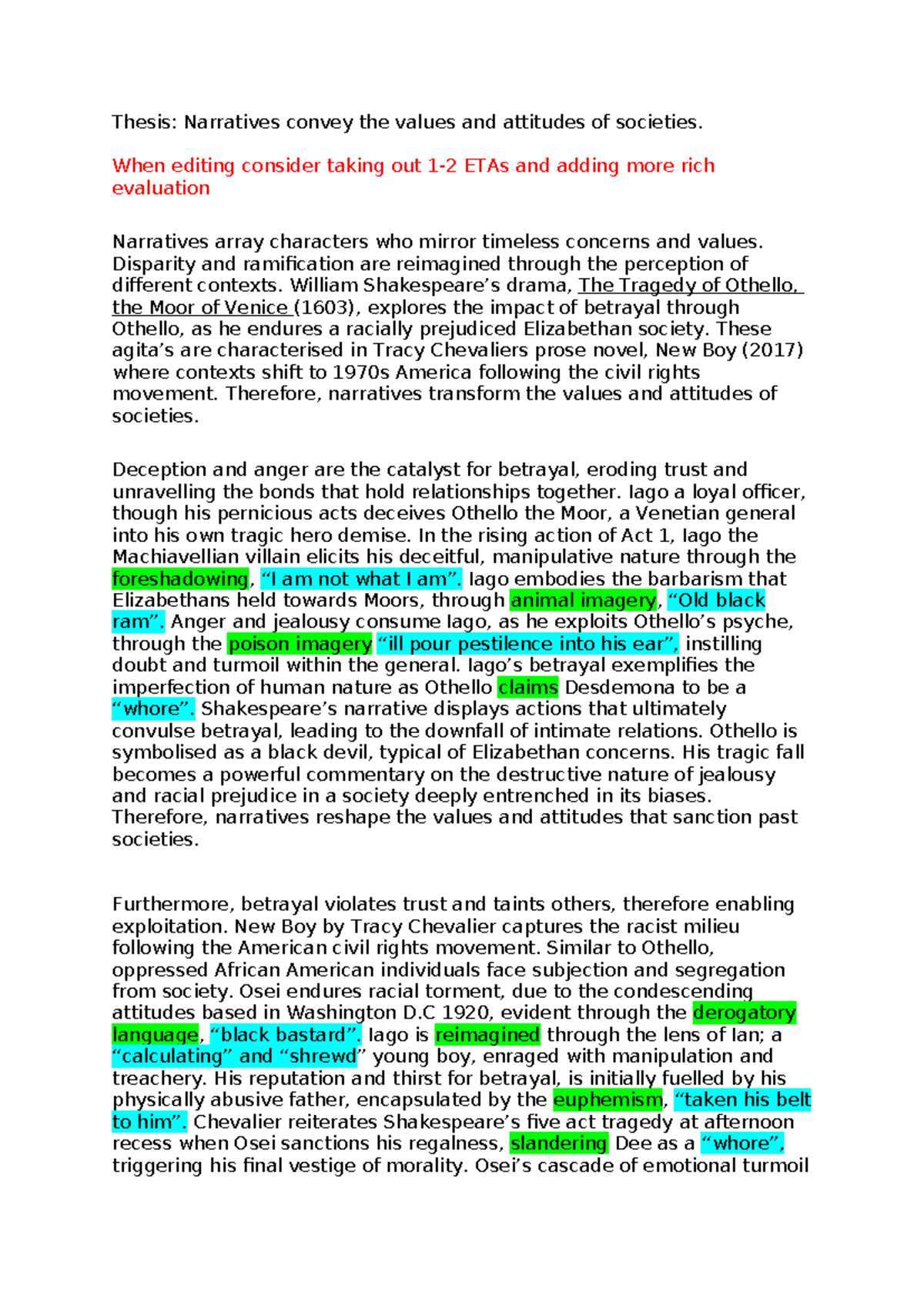 ENG2 Essay Notes: Exploring Betrayal in Othello and New Boy - Studocu