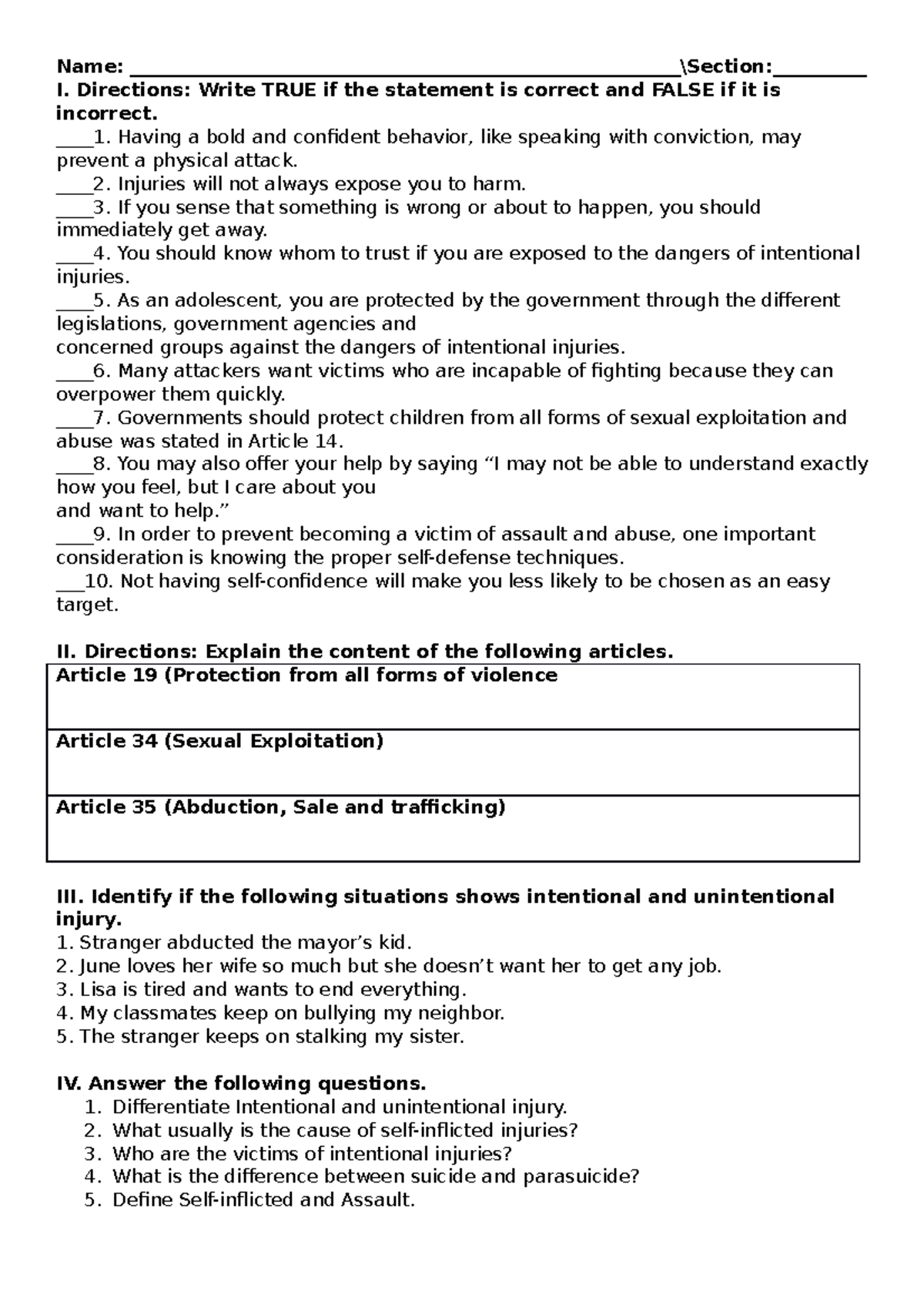 Intentional Injury Worksheet - Name ...