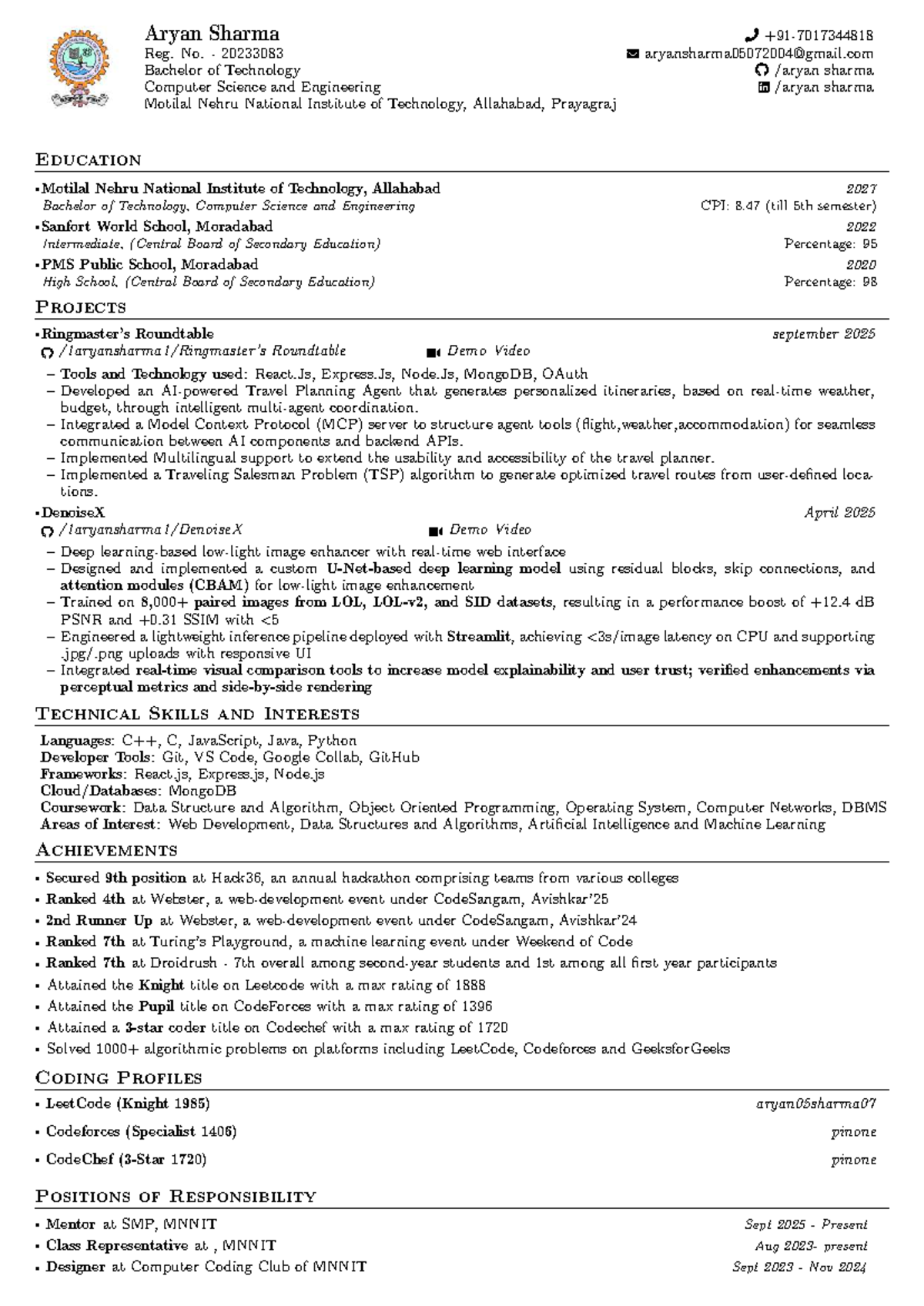 B.Tech CSE Resume - Aryan Sharma (Reg. No. 20233083) - Studocu
