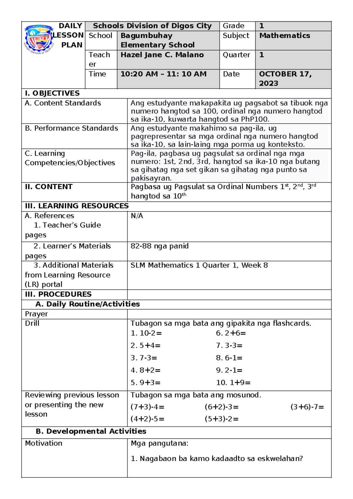 DLP MATH 1 Q1 W5 - Daily Lesson Plan for Grade 1 Mathematics - Studocu