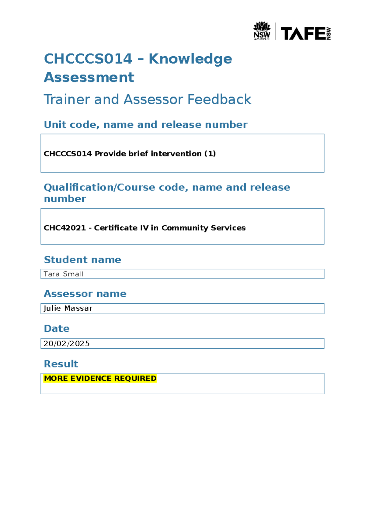 CHCCCS014 - Knowledge Assessment Feedback for CHC42021 Course - Studocu