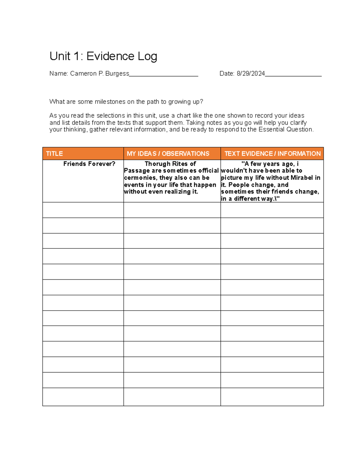 Unit 1: Milestones in Growing Up - Evidence Log by Cameron P. Burgess ...