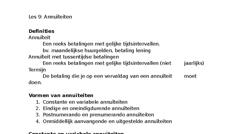 Les 9: Annuïteiten - Definitie, Soorten en Berekeningen - Studocu