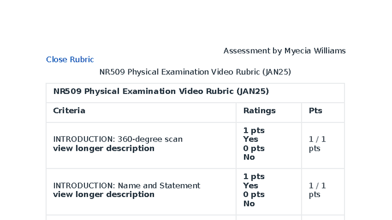 NR509 Physical Examination Video Rubric Guide (JAN25) - Studocu
