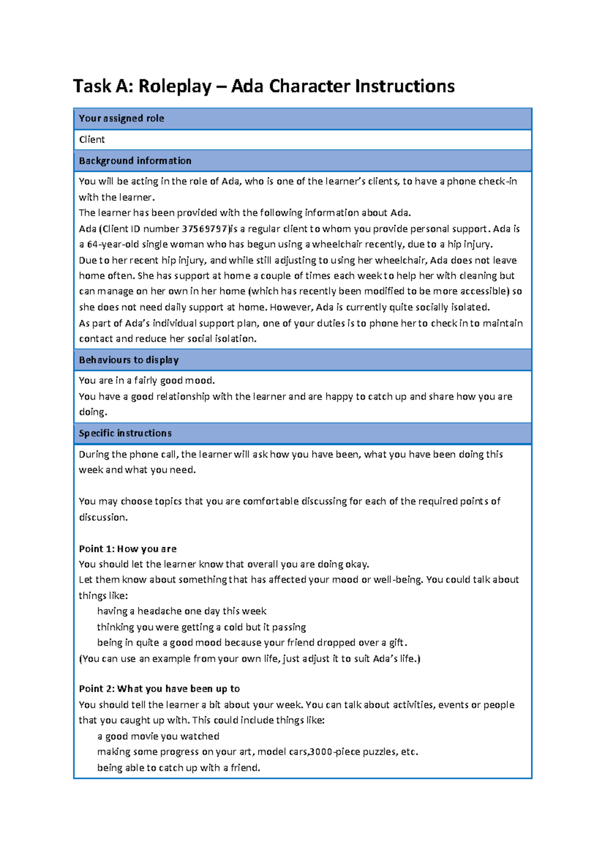 Task A: Roleplay Instructions for Ada Character Interaction - Studocu
