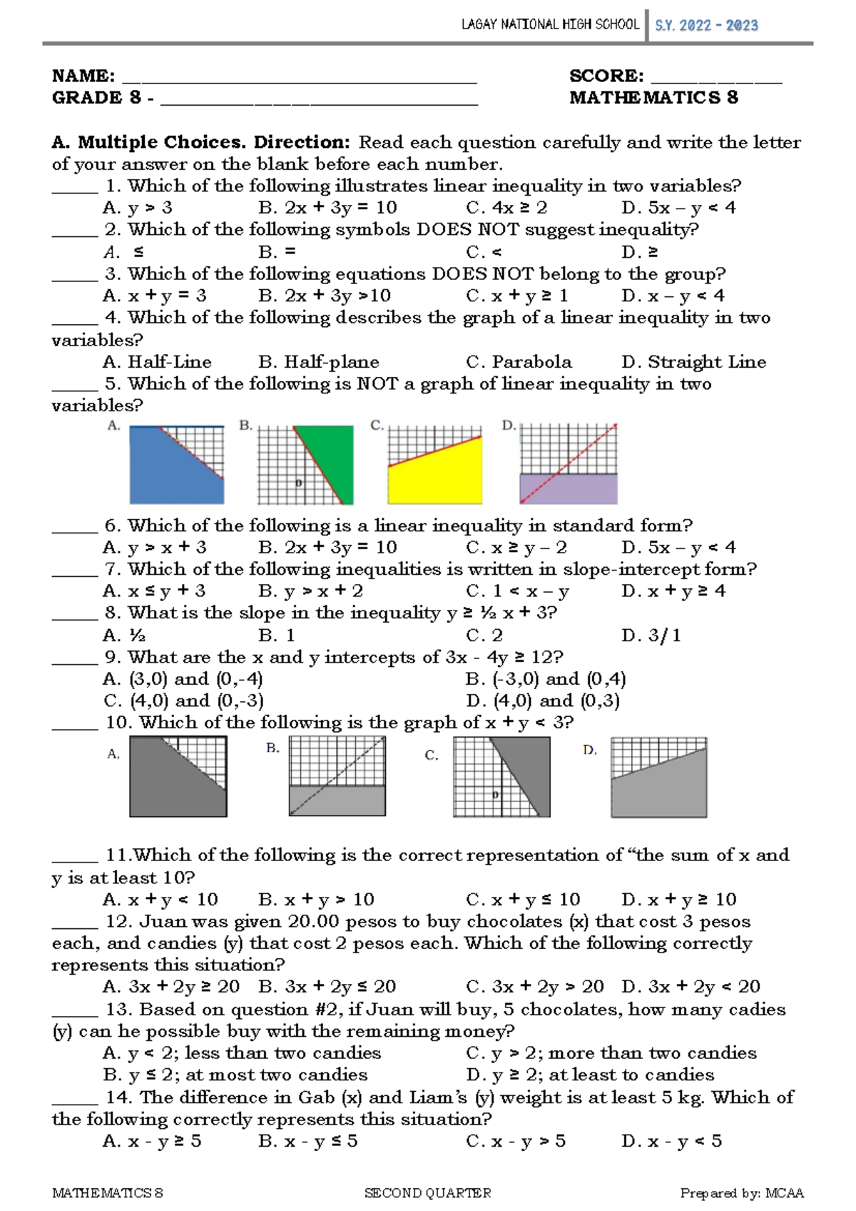 Q2 Math 8 W1-4 Quiz: Linear Inequalities and Graphing Concepts - Studocu