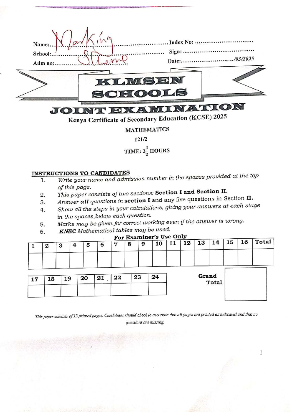 MATH KCSE 2025 PP2 - Revision Materials and Marking Scheme - Studocu