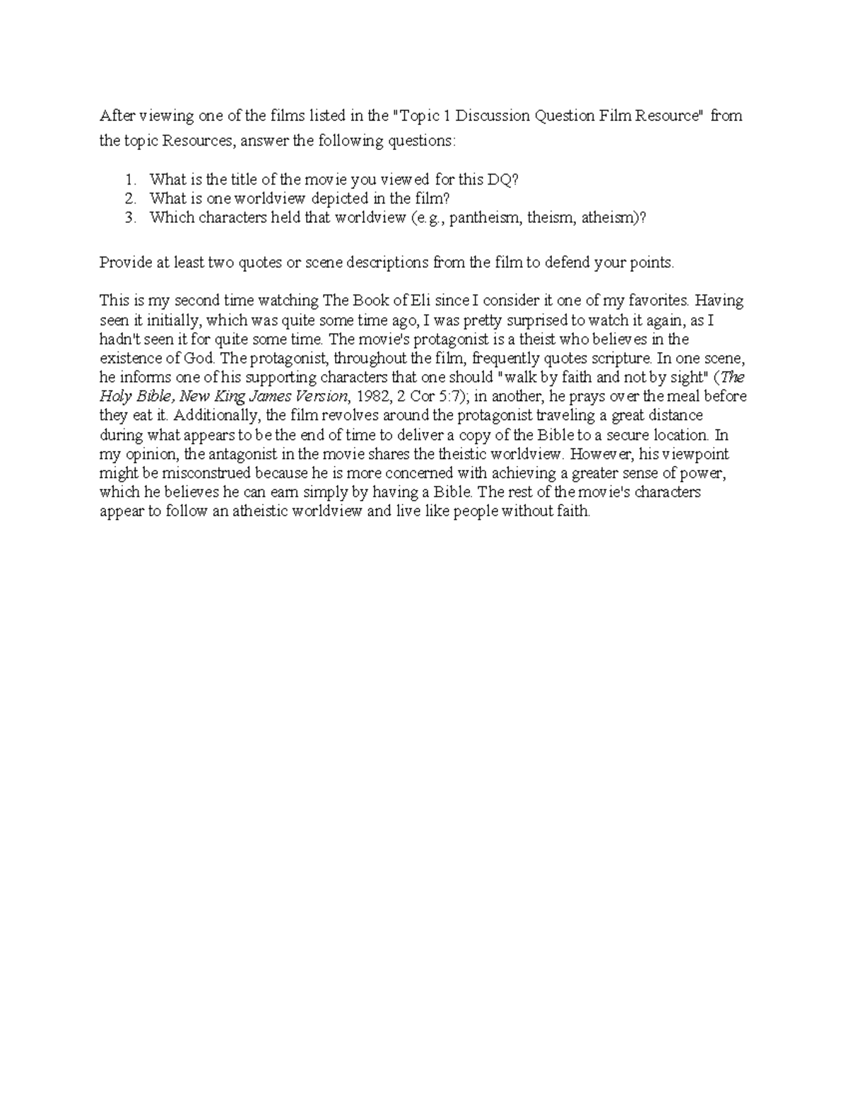 T1D Q2 Book of Eli - Film Worldview Discussion Questions - Studocu