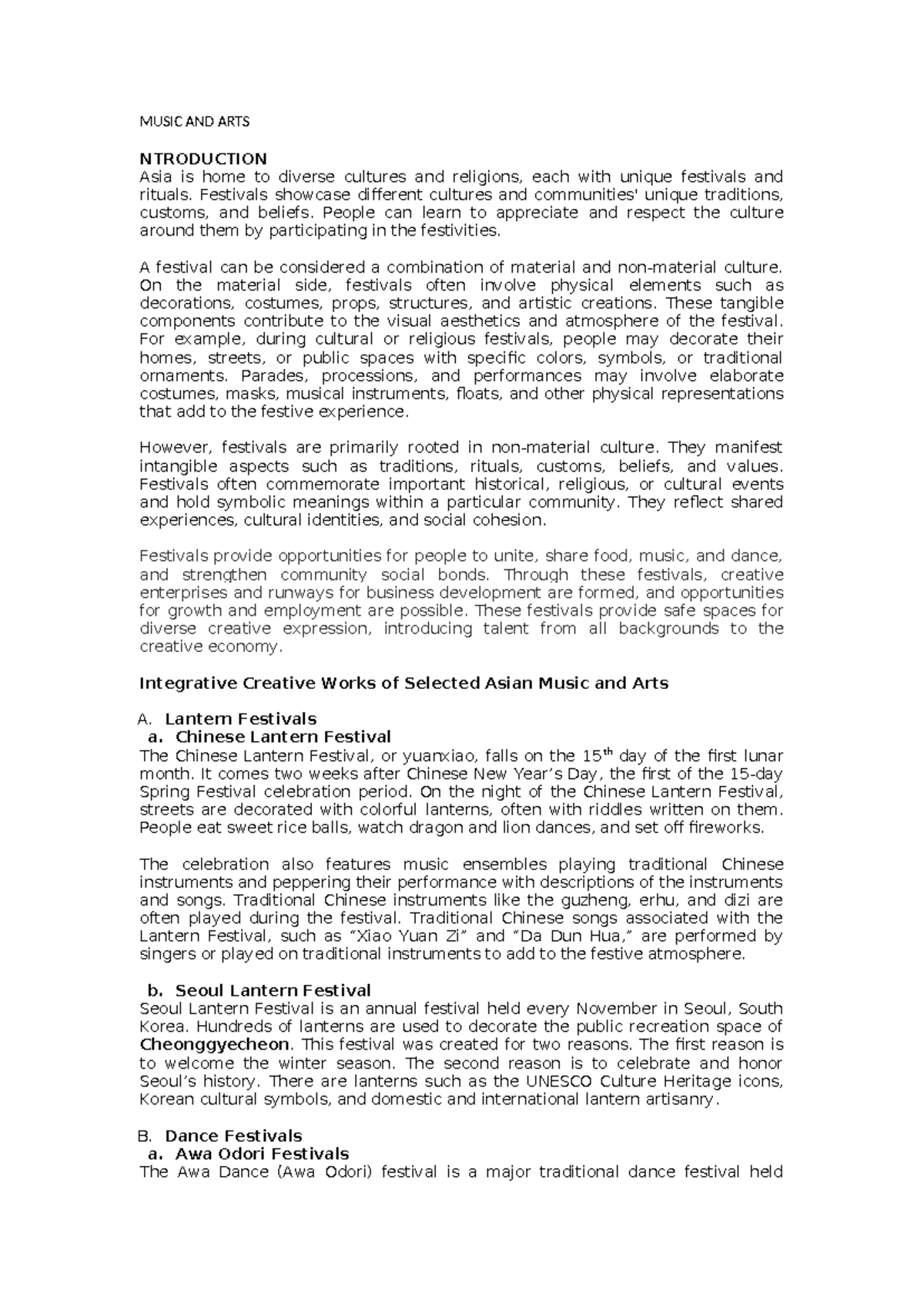 MUSIC AND ARTS INTRODUCTION: Festivals in Asia - Lecture Notes - Studocu