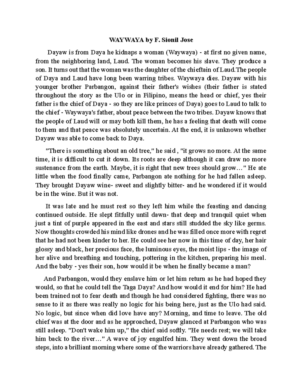 Literary Analysis of "Waywaya" by F. Sionil Jose - Studocu