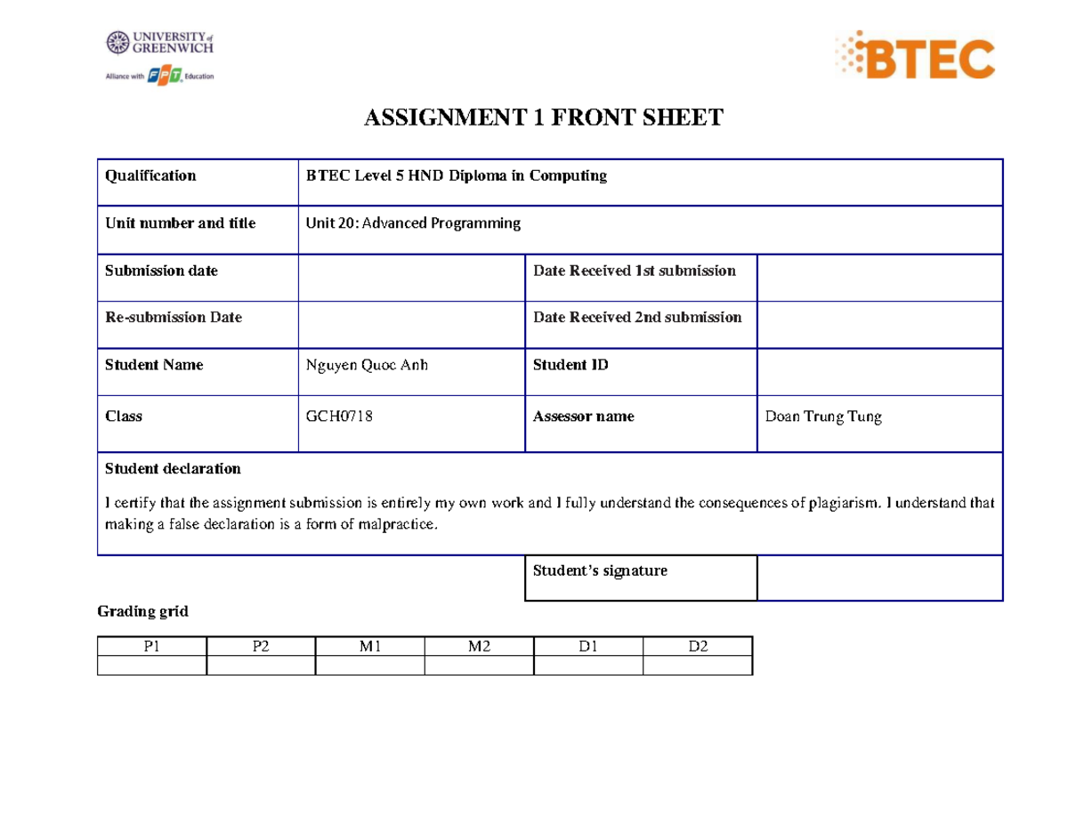 BTEC Level 5 HND Computing Unit 20: Advanced Programming Assignment 1 - Studocu
