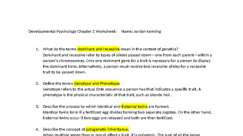 Developmental Psychology PSY 101 Chapter 2 Worksheet: Genetics ...