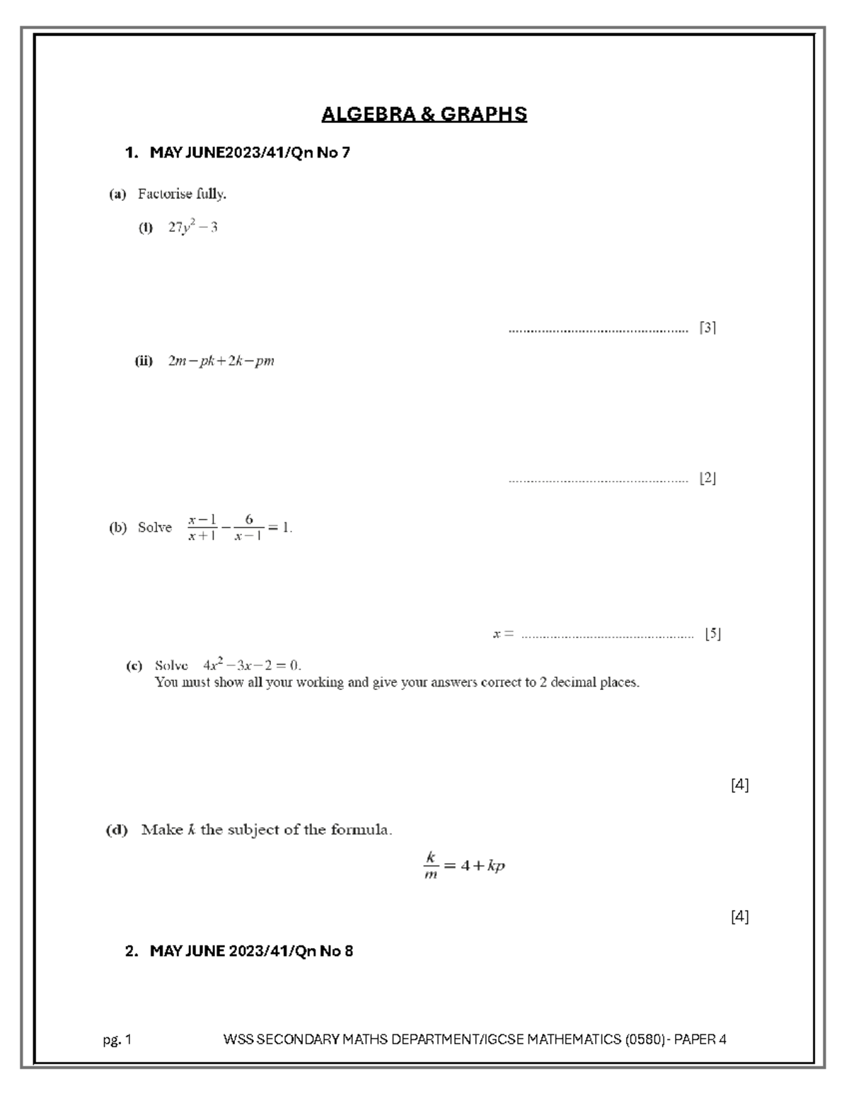 IGCSE Mathematics (0580) - Algebra & Graphs Paper 4 Notes - Studocu
