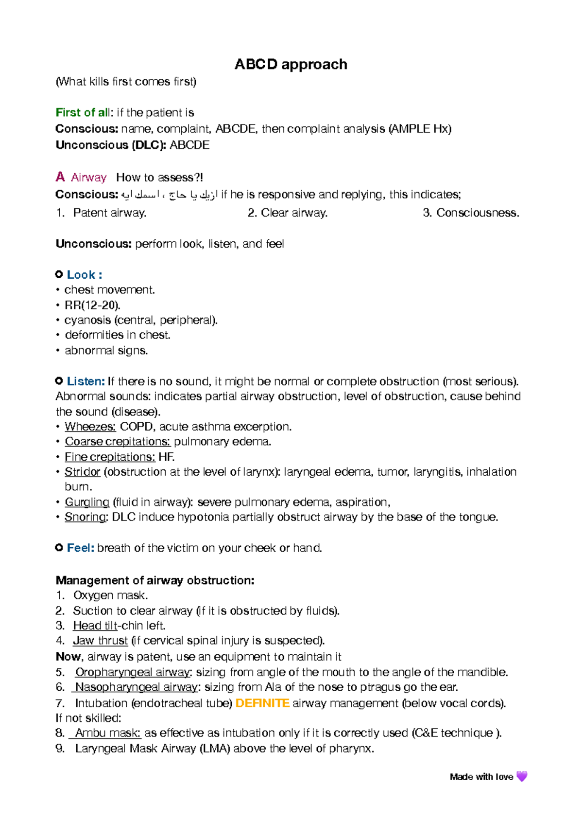 ABCD Approach: Airway, Breathing, and Circulation Management - Studocu