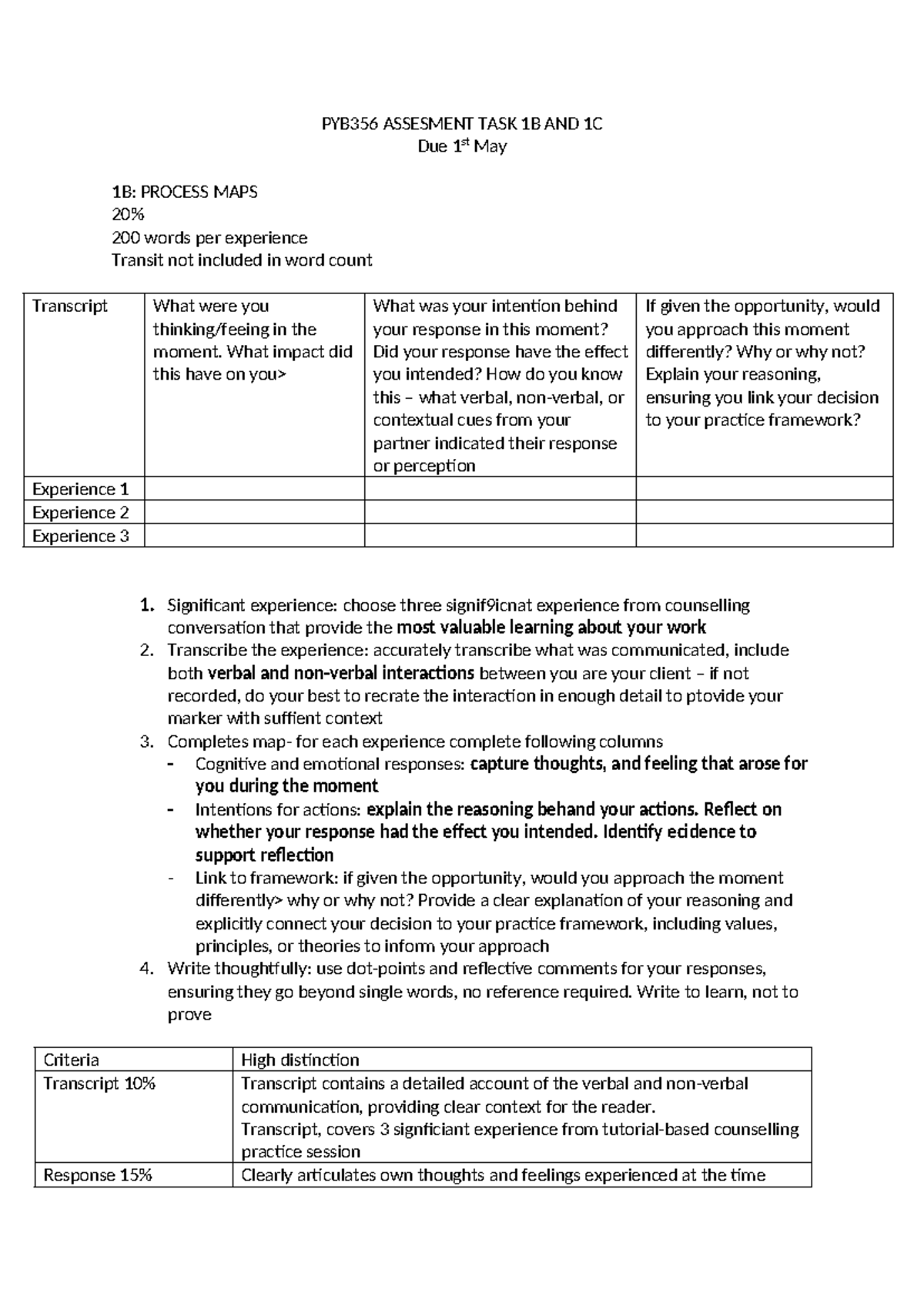 PYB356 Assessment Task 1B & 1C: Reflective Practice in Counseling - Studocu