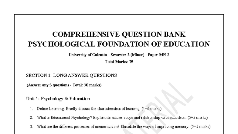Comprehensive Question Bank: Psychological Foundation of Education ...