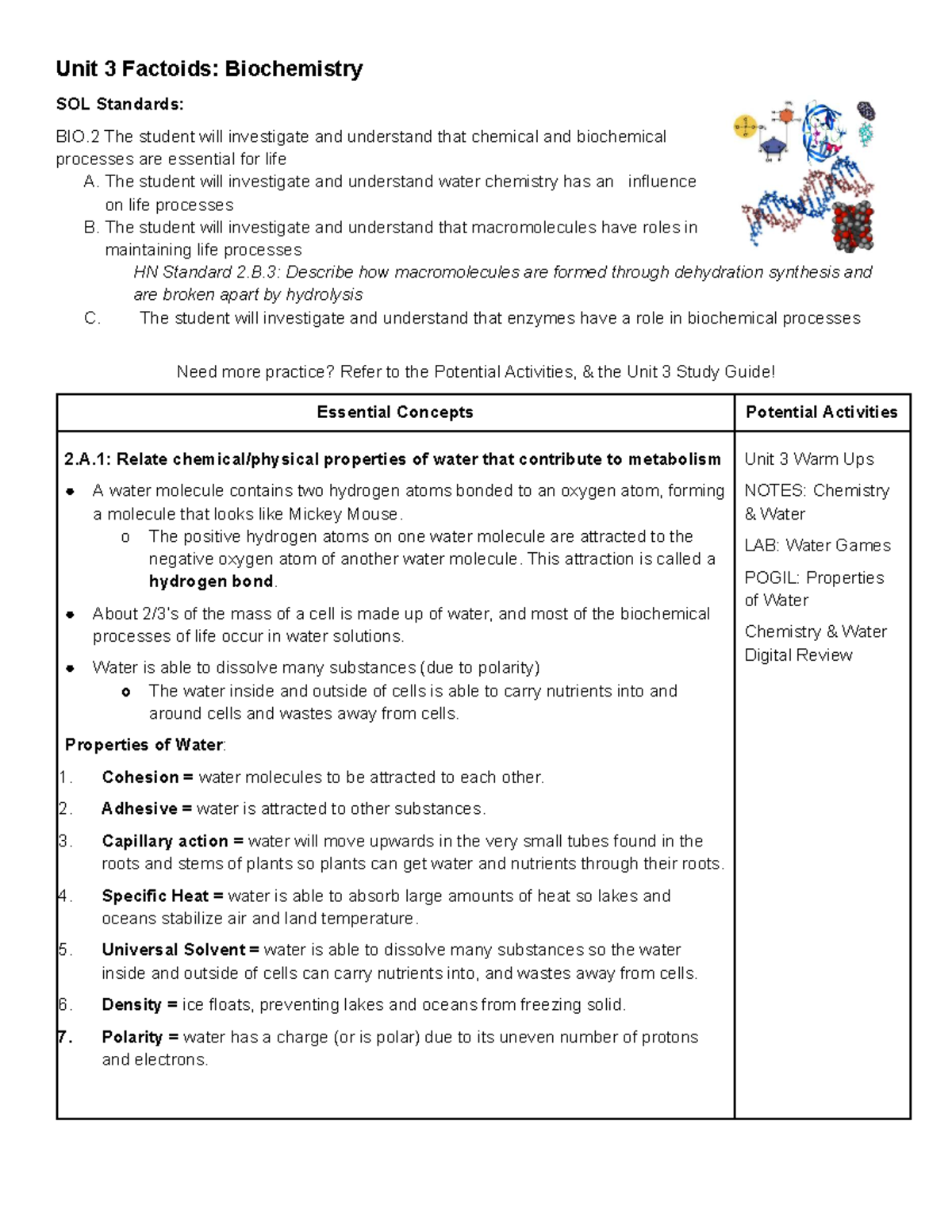 Unit 3 Notes: Biochemistry & Macromolecules Review (BIO.2) - Studocu