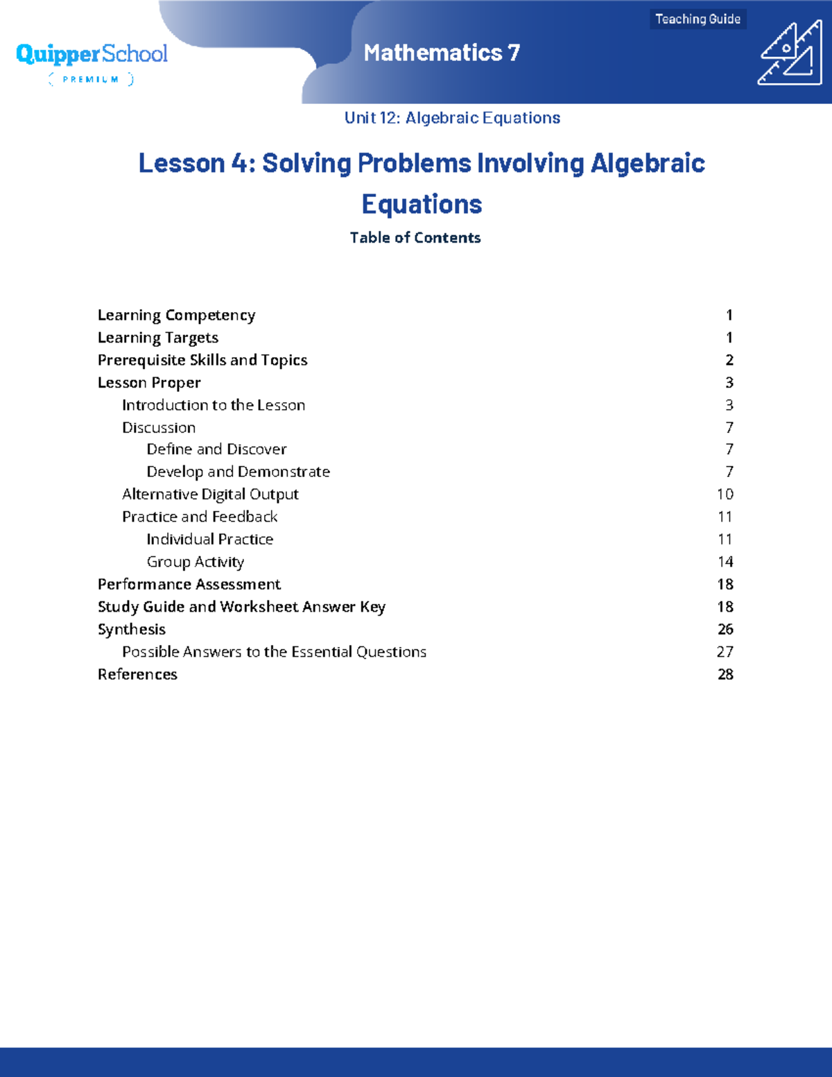 M7 Q4 1204 Algebraic Equations Lesson 4: Problem Solving Techniques ...
