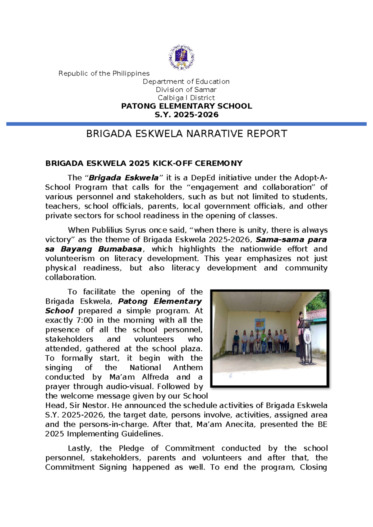 Brigada Eskwela 2025 Narrative Report - Patong Elementary School - Studocu