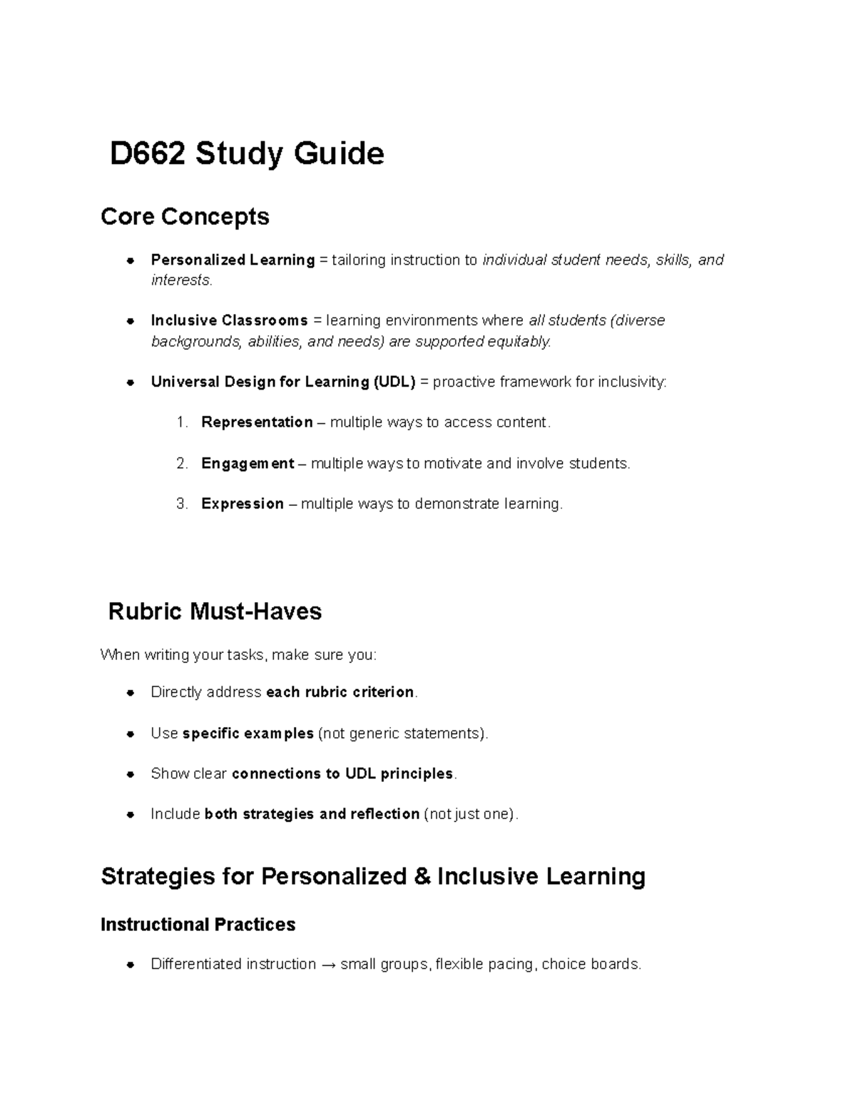 D662 Study Guide: Core Concepts in Personalized Learning & UDL - Studocu