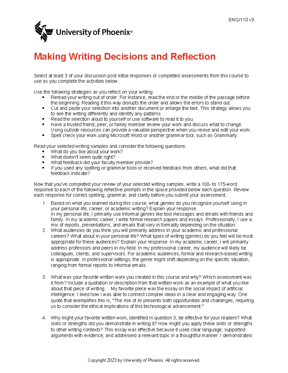 ENG110 Week 5: Reflecting on Writing Decisions and Sample Review - Studocu