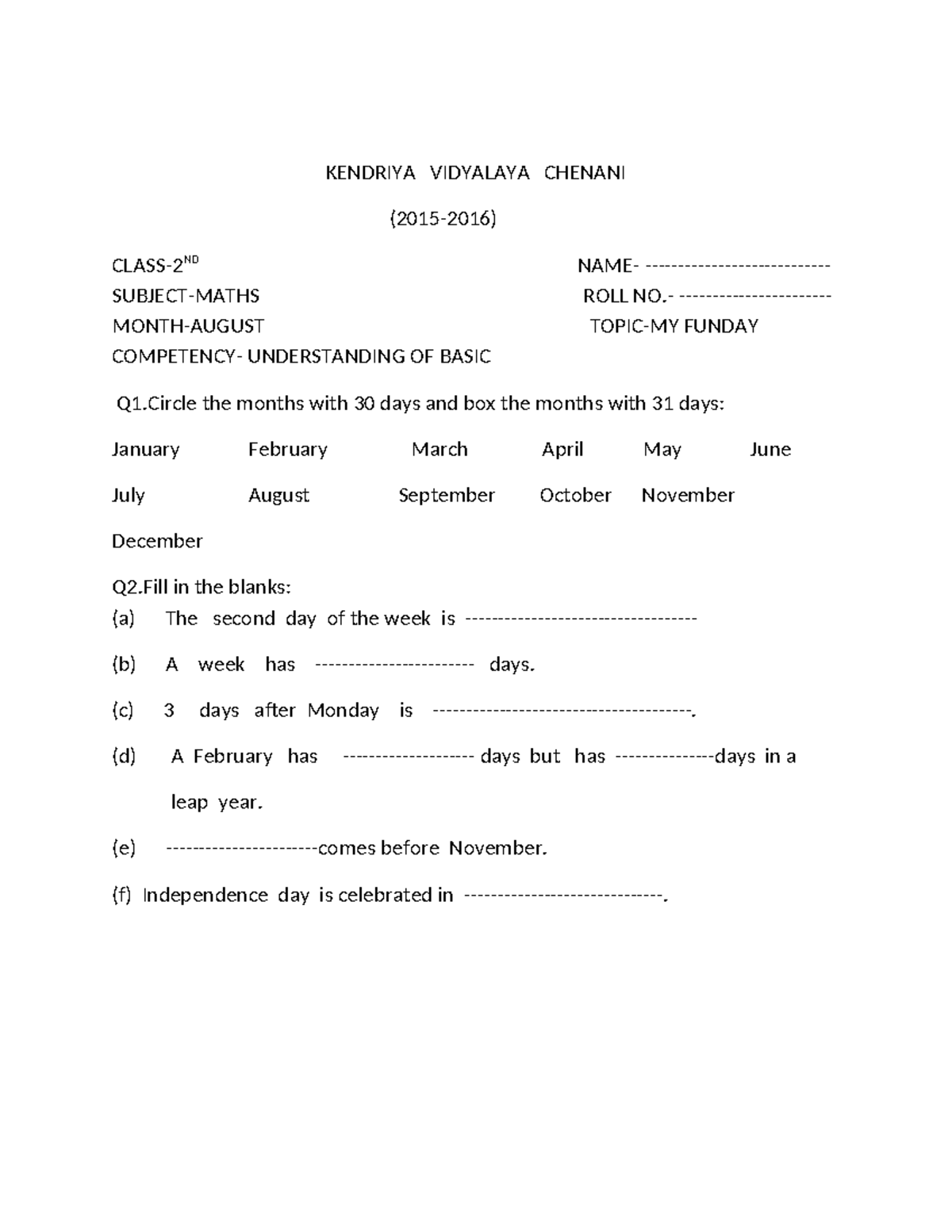 KENDRIYA VIDYALAYA CHENANI AUGUST WORKSHEET Q1 & Q2 - Studocu