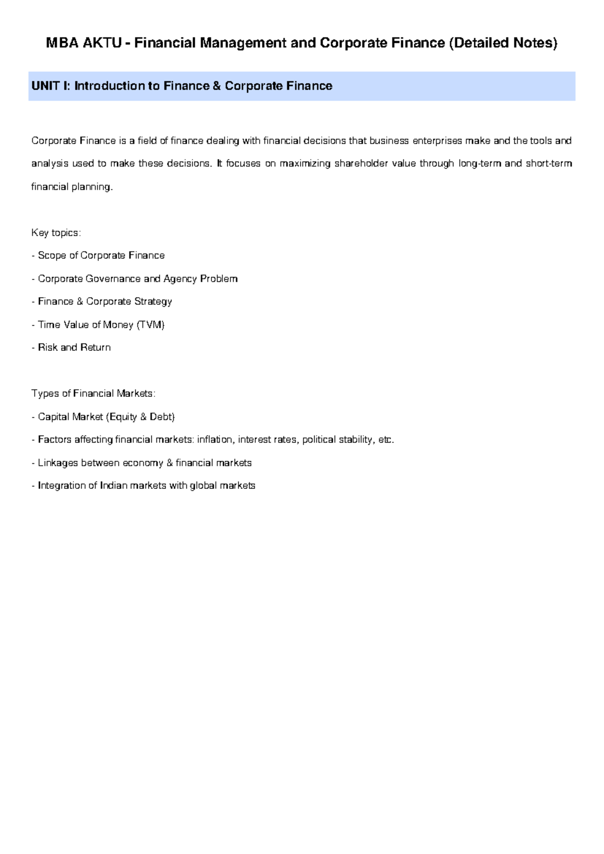 Financial Management MBA AKTU Lecture Notes on Key Topics - Studocu