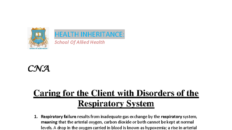 CNA Care Guidelines for Patients with Respiratory Disorders: Health ...