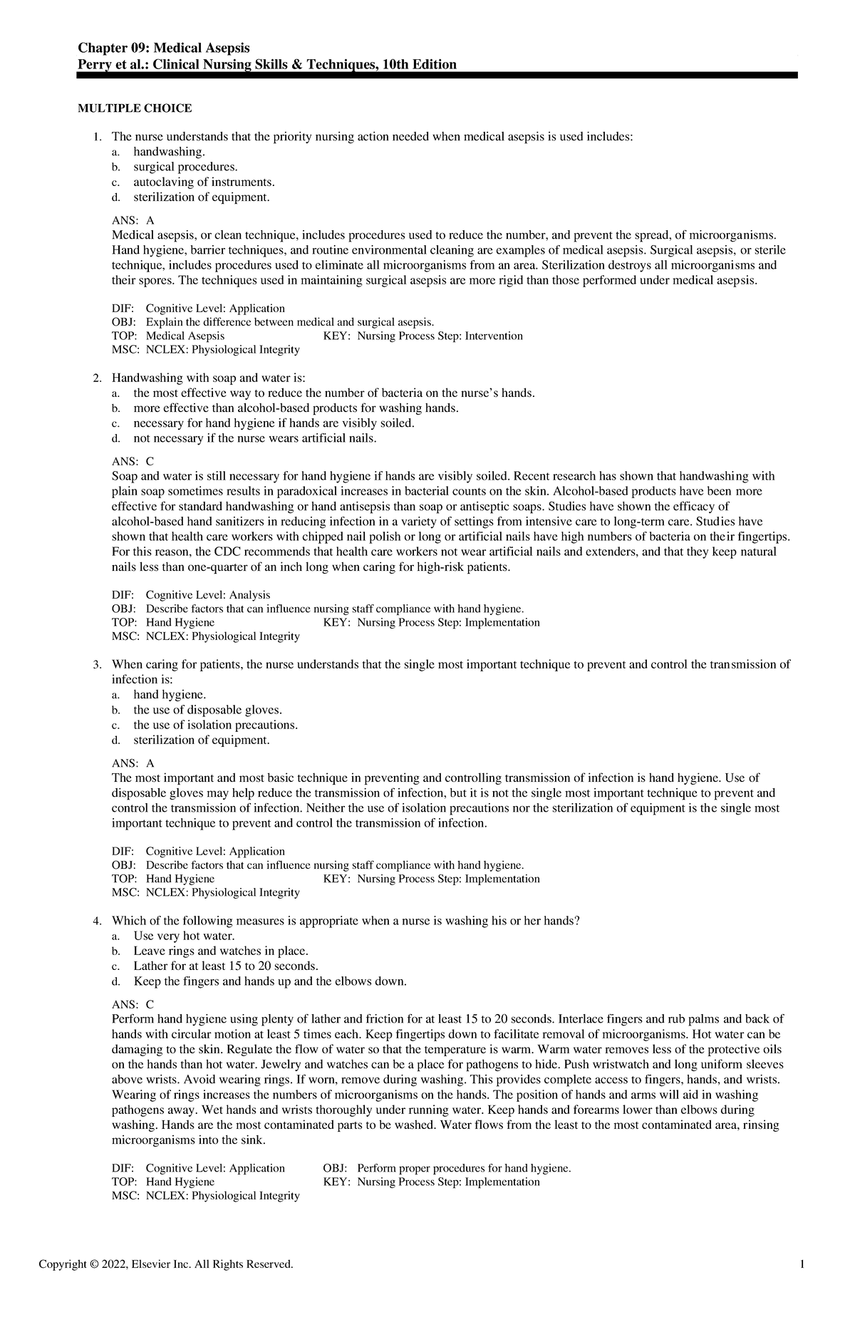 NUR 201 - Medical Asepsis: Chapter 09 Quiz Notes and Study Guide - Studocu