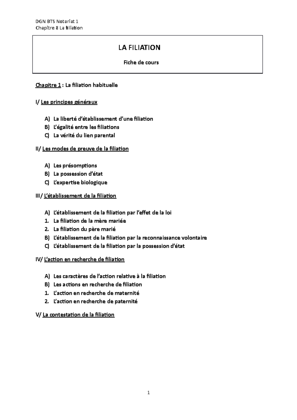 LA Filiation Fiche de cours - Chapitre 8 La filiation LA FILIATION ...