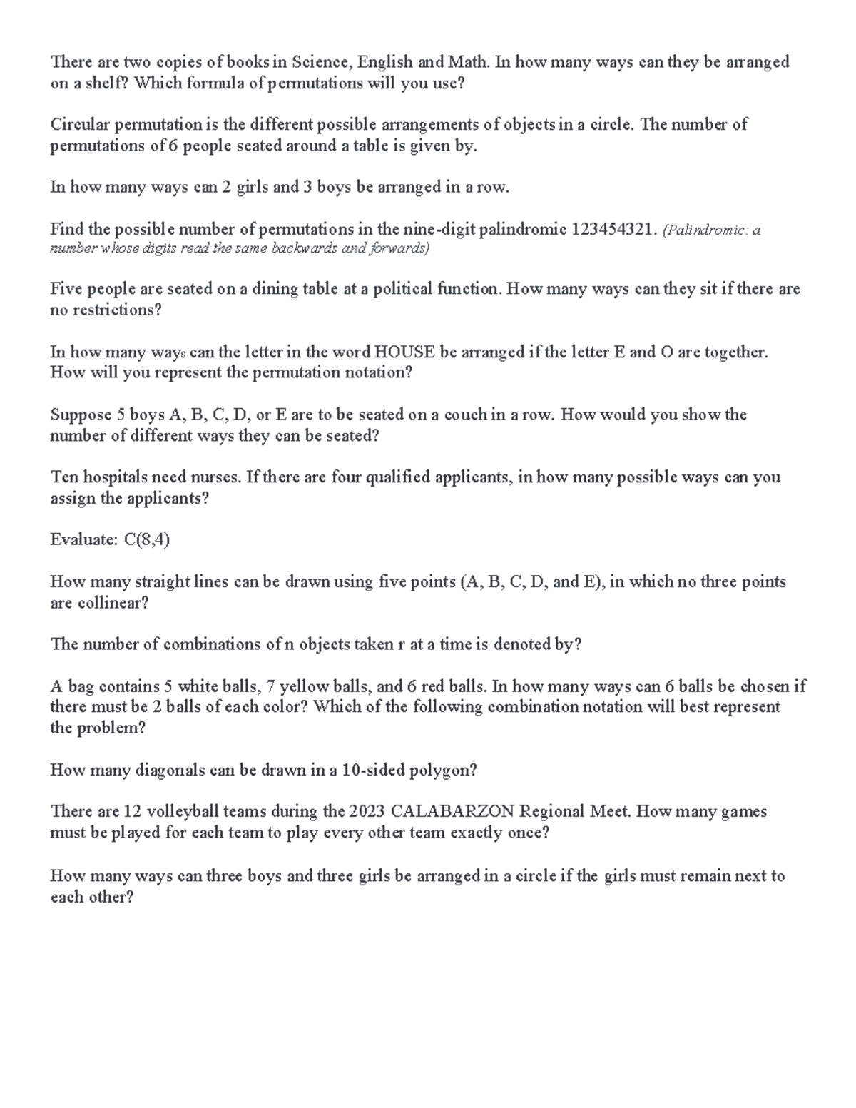 Permutations and Combinations Review Questions for Math 101 - Studocu