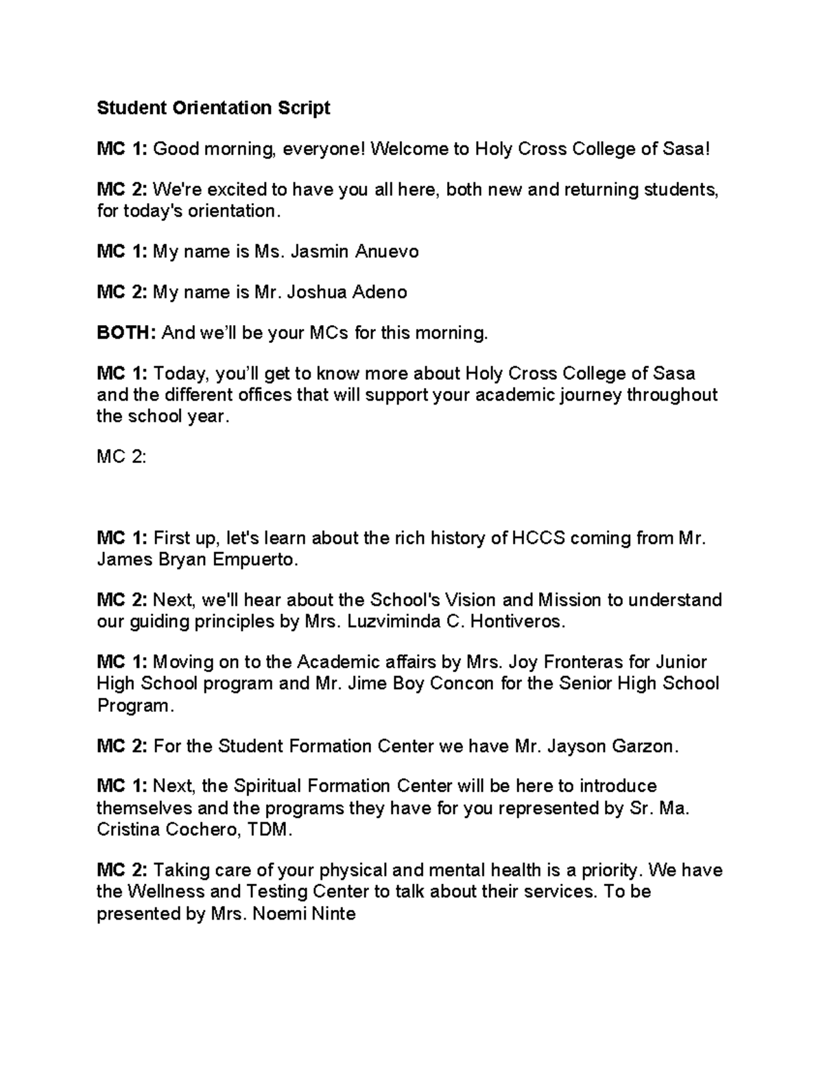 HC 101: Student Orientation Script for Holy Cross College - Studocu