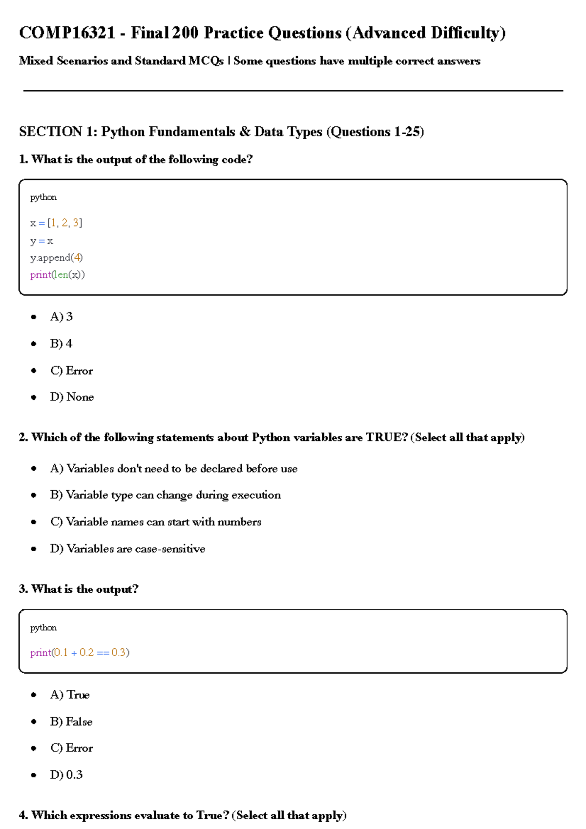 COMP16321 Final Exam 200 MCQ Practice Questions - Advanced Difficulty - Studocu