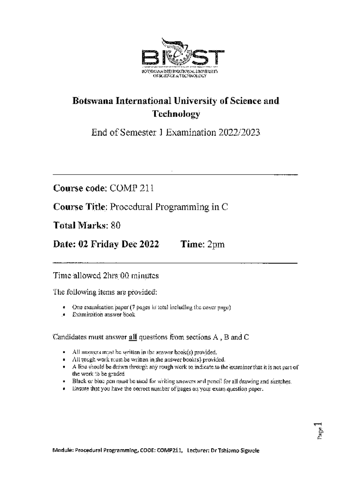 COMP211 - End of Semester 1 Exam Paper on C Programming - Studocu
