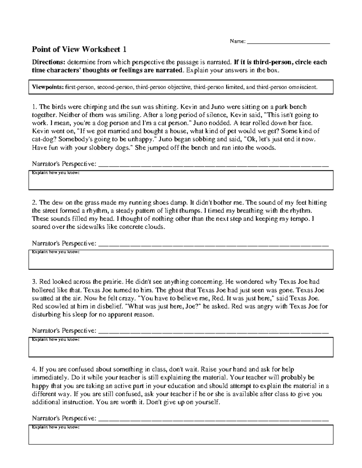 Point of View Worksheet 1: Analyzing Narrative Perspectives - Studocu