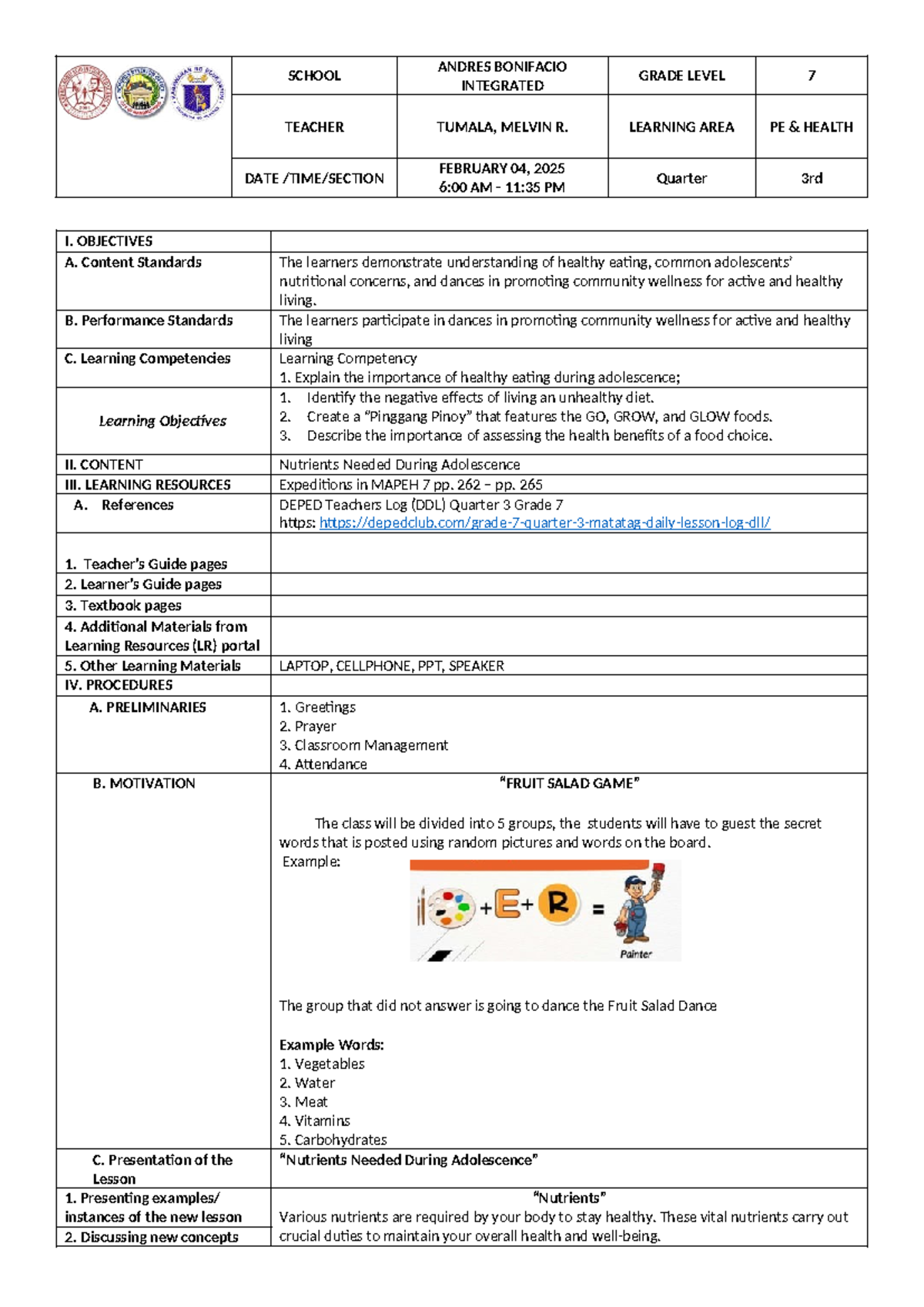 Lesson Plan for PE & Health (Grade 7) - 3rd Quarter - Studocu