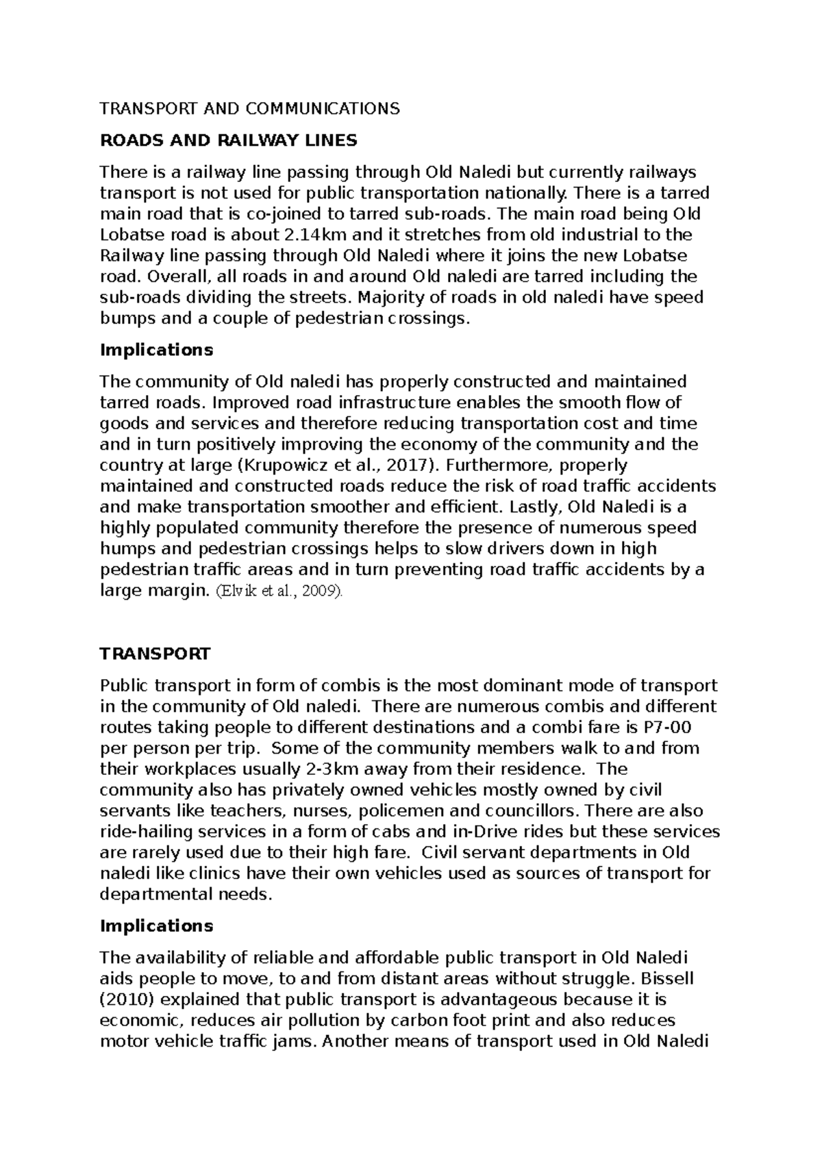 Transport and Communications: Insights from Old Naledi Community - Studocu