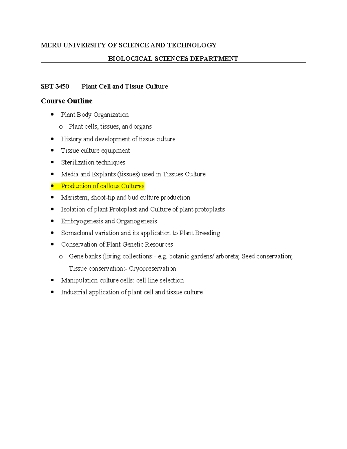 SBT 3450 Plant Cell and Tissue Culture: Comprehensive Notes - Studocu