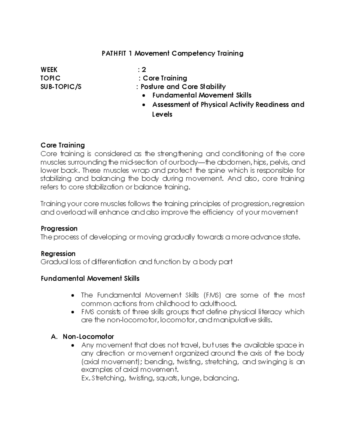 PATHFIT 1 Core Training & Movement Skills: Week 2 Handouts - Studocu