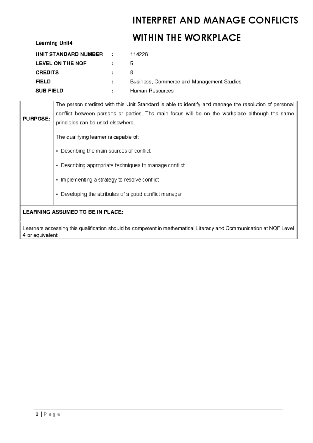 Managing and Interpreting Workplace Conflicts: NQF Level 5, Unit 114226 ...