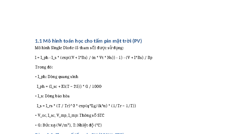 Mô hình MPPT FOCV cho tấm pin mặt trời (PV) 1.1 - Studocu