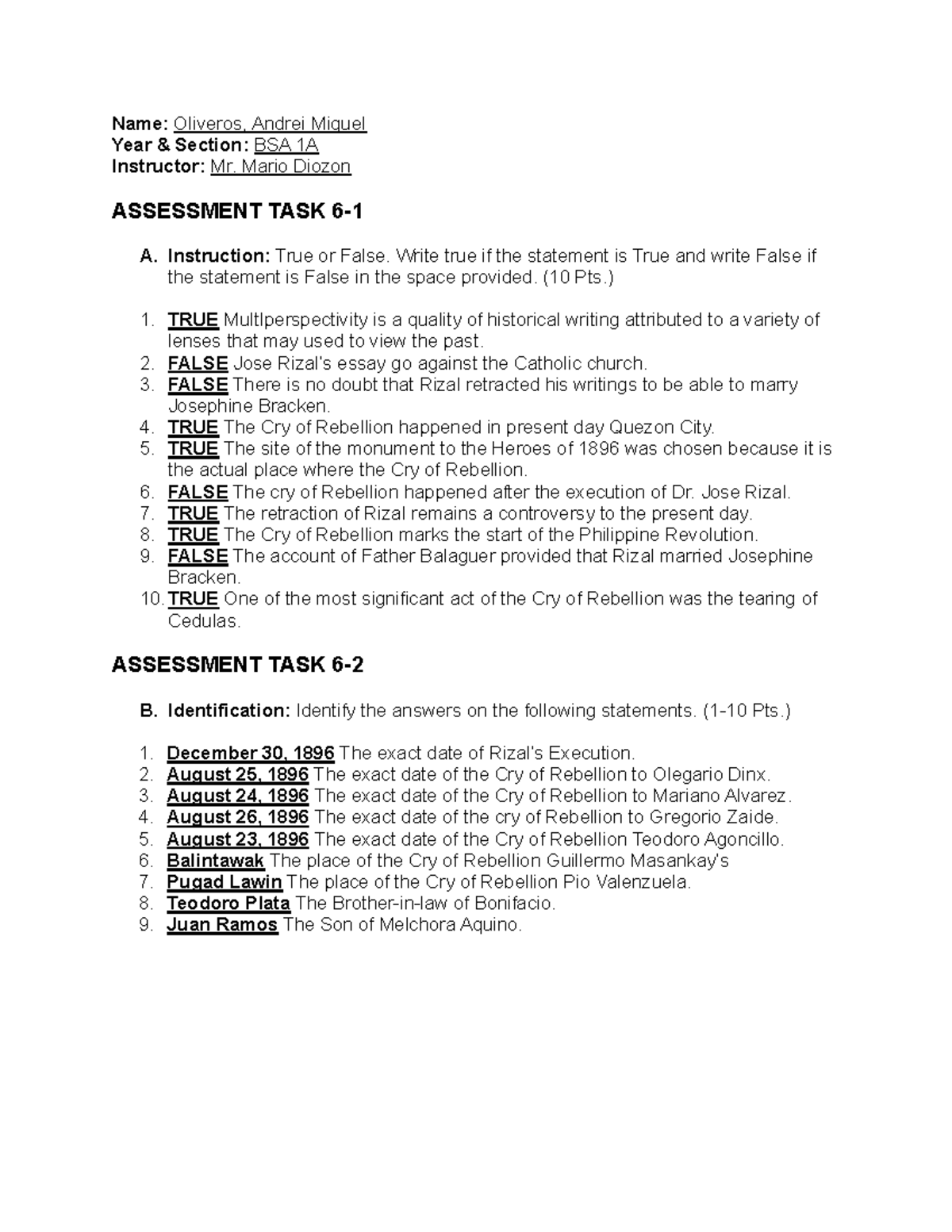 RPH 1A Midterm Assessment: True or False & Identification Tasks - Studocu