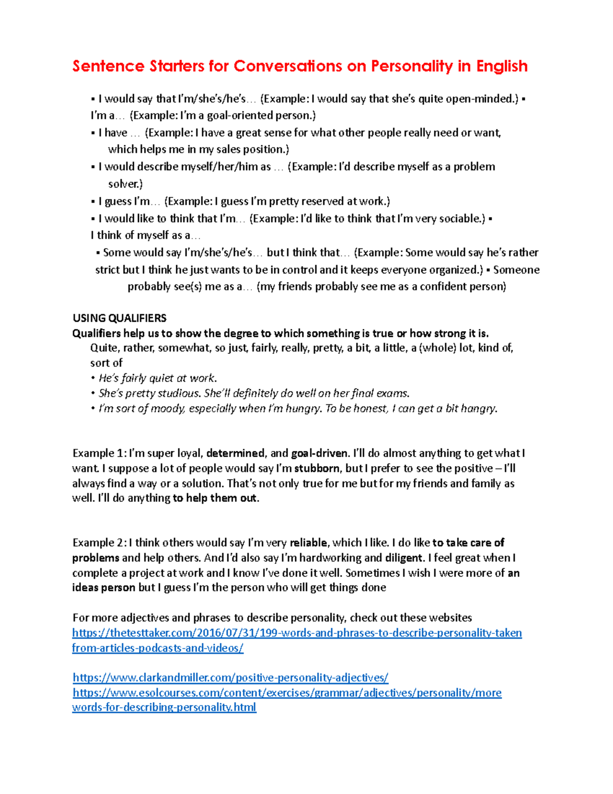 Sentence Starters for Describing Personality in English - Studocu
