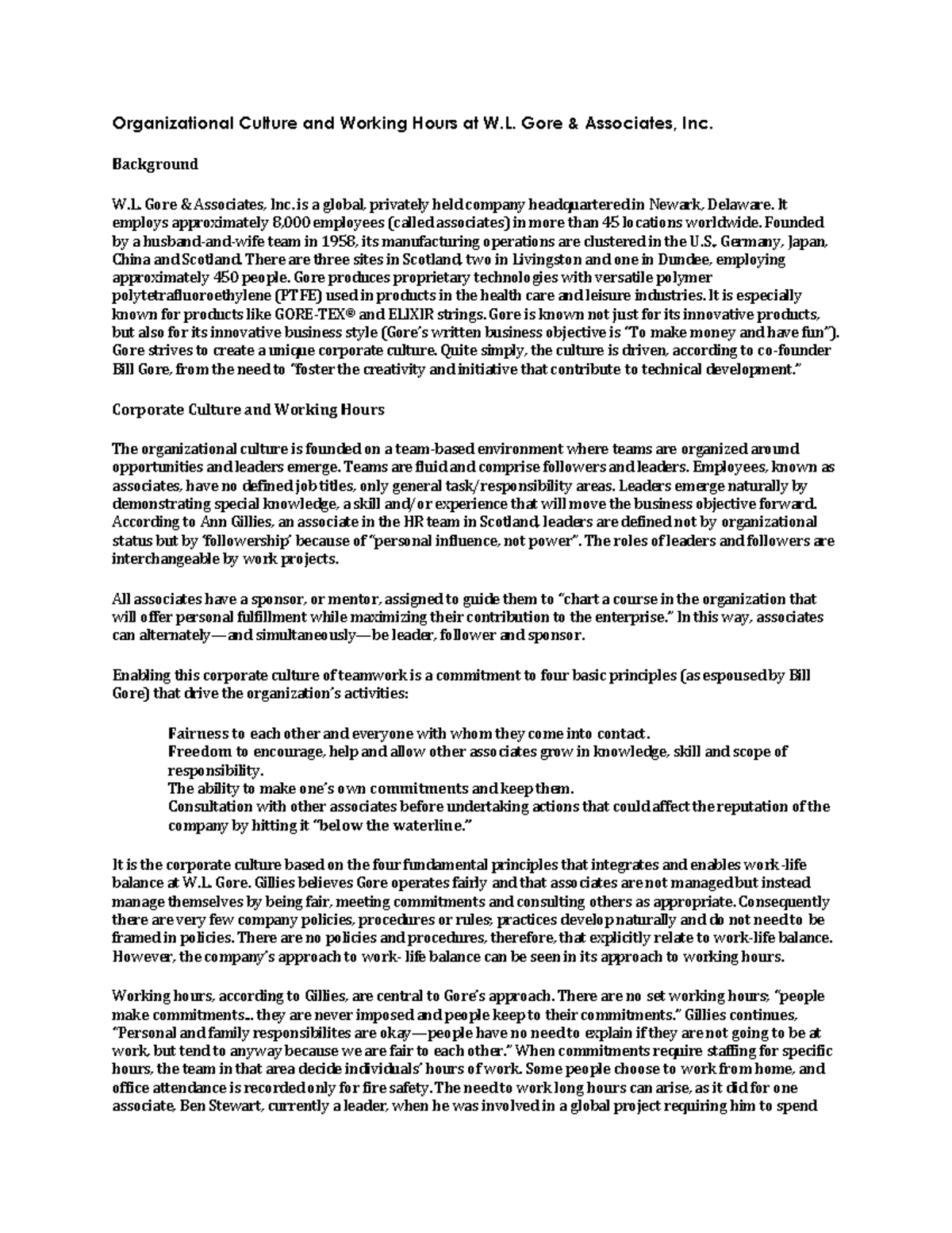 Organizational Culture & Flexible Hours at W.L. Gore: A Study Analysis ...