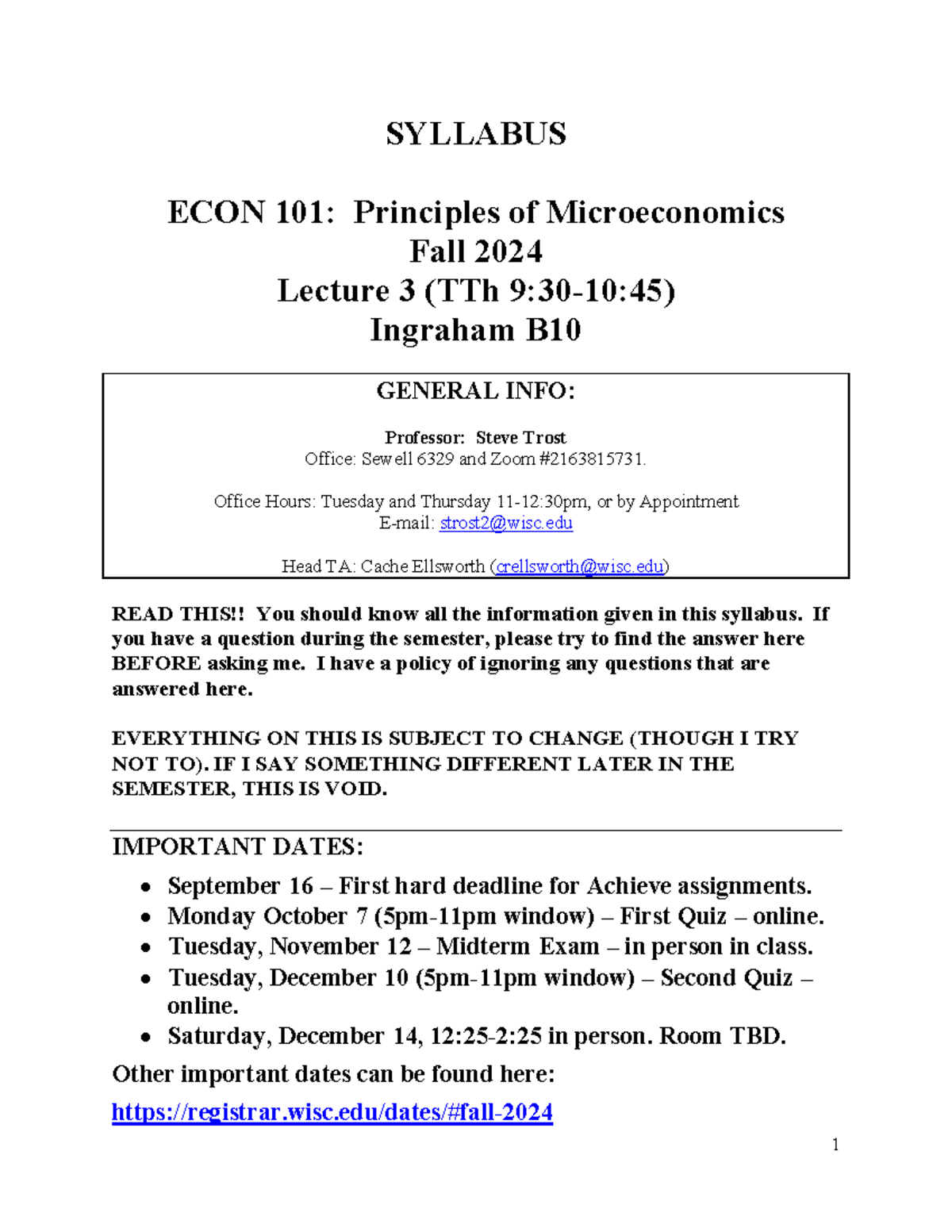 Syllabus F 24L3 - SYLLABUS ECON 101: Principles of Microeconomics Fall 2024 Lecture 3 (TTh - Studocu
