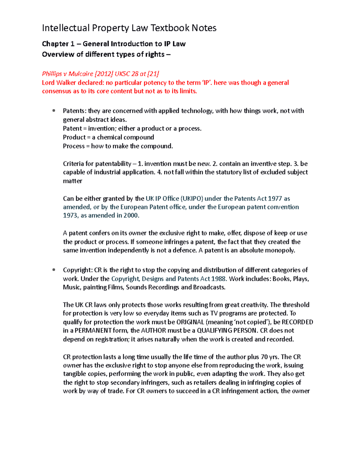 Intellectual Property Law Course Notes (IP Law - Overall Summary) - Studocu